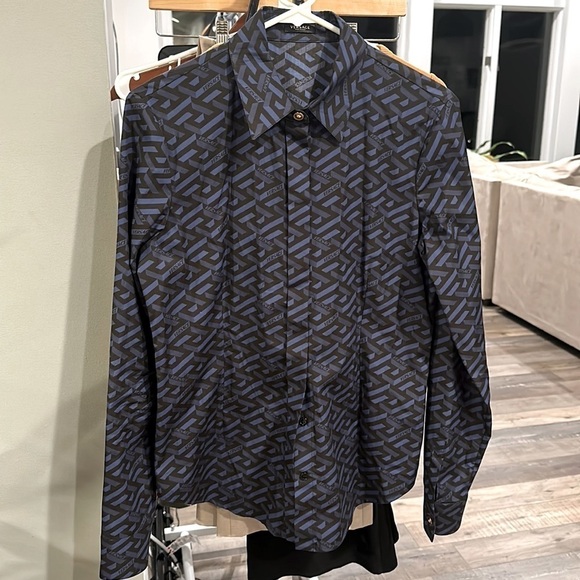 Versace | Tops | Versace La Greca Poplin Blue Black All Over Logo ...
